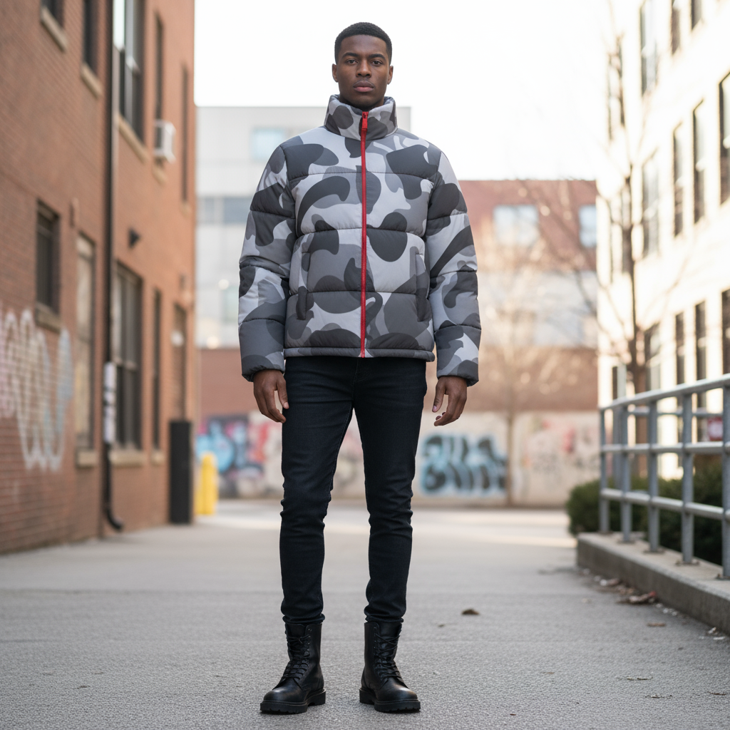 Grey Camouflage Men's Puffer Jacket - Red Accents- FABA