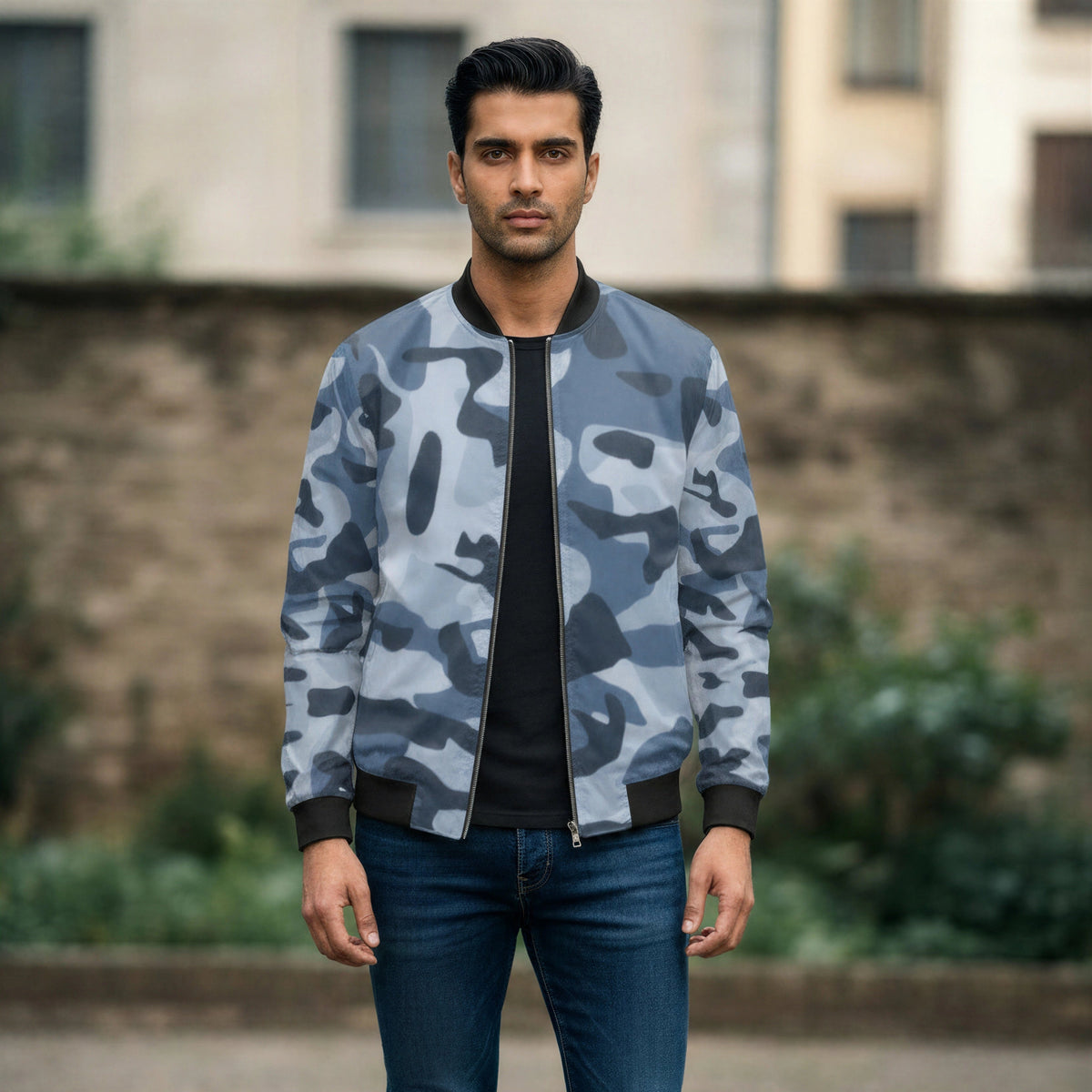 Blue Camo Mens Bomber Jacket - Stylish & Durable - FABA Collection