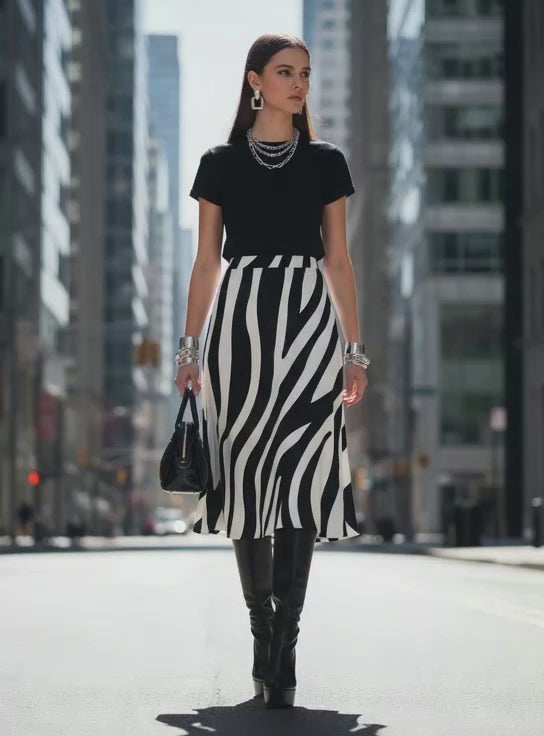 zebra women's a-line midi skirt- FABA Collection